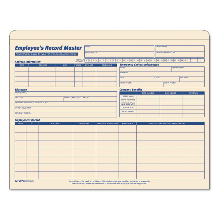 Employee Record Master File Jacket, Straight Tab, Letter Size, Manila ...