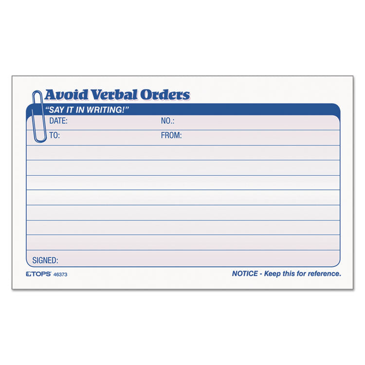 Avoid Verbal Orders Manifold Book, Two-Part Carbonless, 6.25 x 4.25, 5 ...